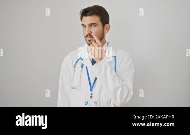 Suspicious eyes alert! young hispanic man, wearing white coat and ...