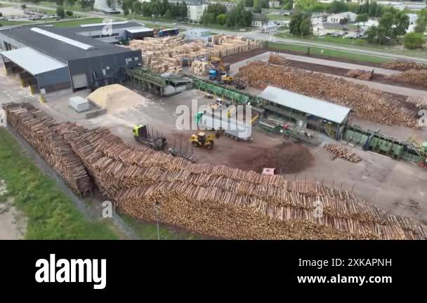 Wood sawmill, machinery for processing wood. Processing plant. A worker ...