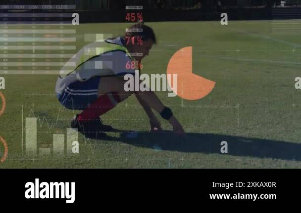 Analyzing sports performance data animation over athlete crouching on ...