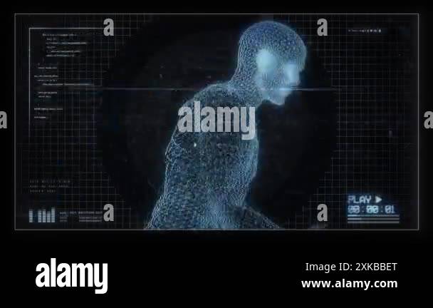 A looping digital data screen showing a running human figure with various digital information ...