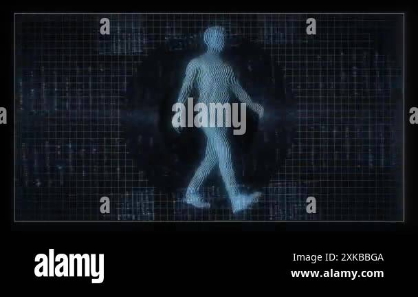 A looping digital data screen showing a walking humanoid figure with various digital information ...