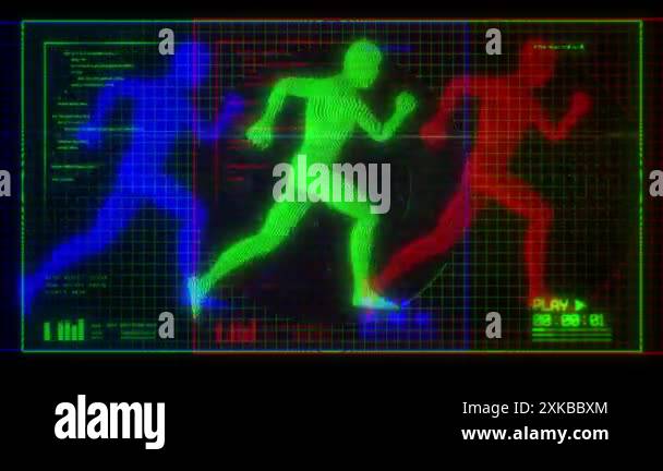 Looping data screen with running human figure, digital information, data overlays and RGB ...