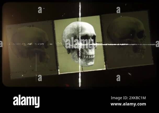 A looping old film graphic of a spinning skull with a grunge and stop ...