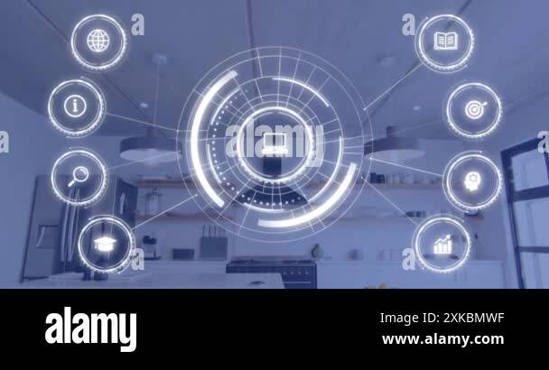 Digital interface with icons and data animation over modern kitchen ...