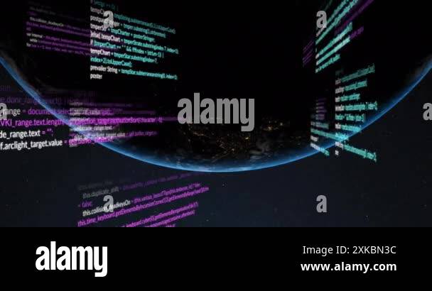 Computer code and data processing animation over view of Earth from space. Technology ...