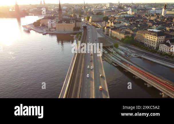 Cars and traffic on the central bridge road, Slussen and Gamla Stan ...