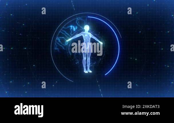 Line and Grid based HUD graphics with pulsing circular arrays and particle motion featuring ...