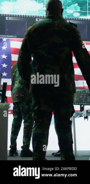 Vertical Video Us Soldiers In A High Tech Command Center Protecting