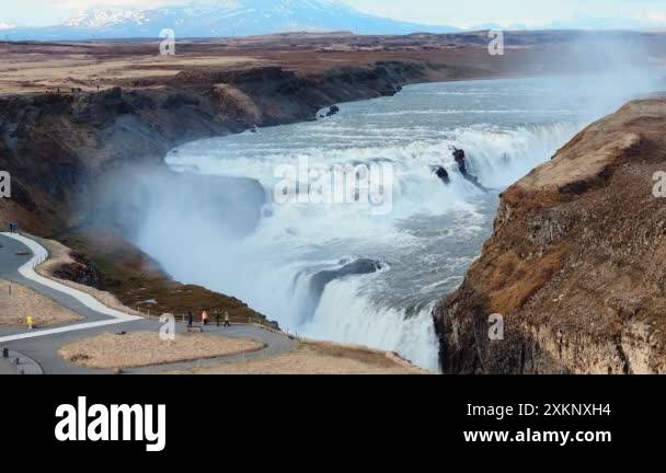 Aerial view of Gullfoss waterfall in Iceland, one of the most popular ...