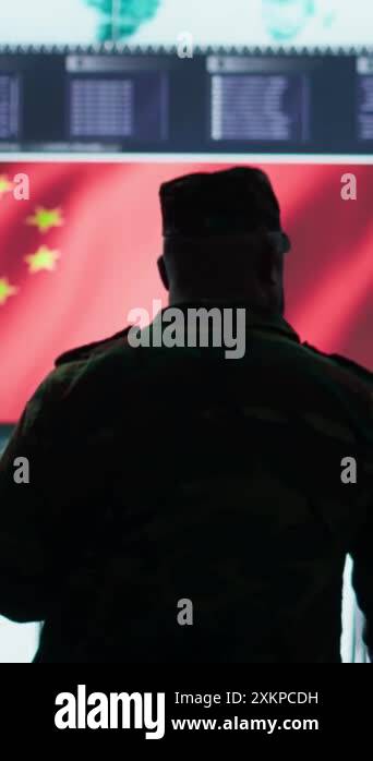 Vertical Video American army working in a command post with green ...