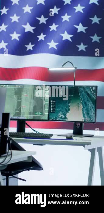 Vertical Video Empty United States military control tower office with ...