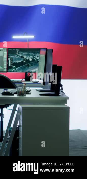 Vertical Video Empty russian army command center with a big screen ...