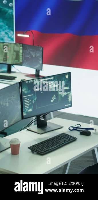 Vertical Video Empty russian army command center with a big screen ...