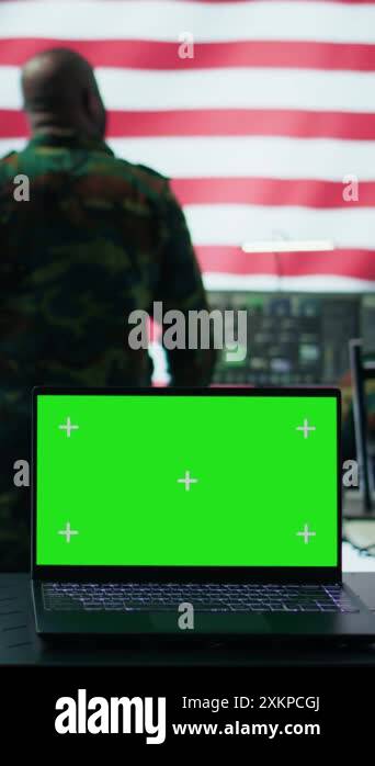 Vertical Video US army working in a top secret control center with ...