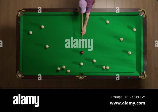 Hobby and leisure concept. Luxury billiard club scene shot. Top view full shot of russian ...