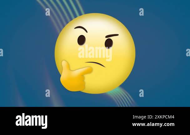 Thinking face emoji animation over blue background with curved lines ...