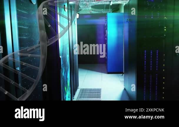 Animating DNA strand over servers in data center. Technology, biotech ...