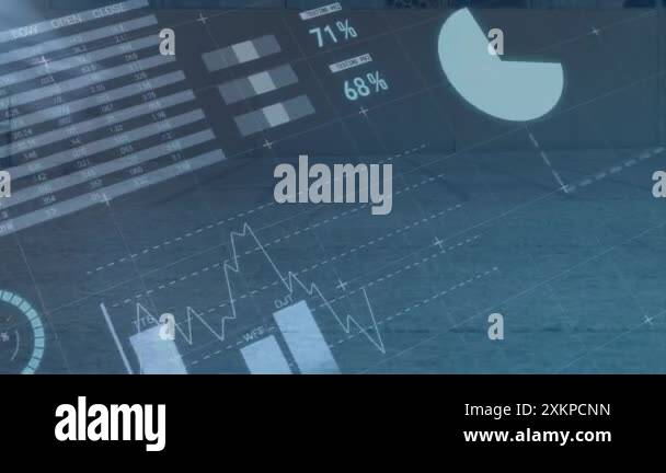 Charts and graphs animation over world map and financial data. Finance, analytics, global ...