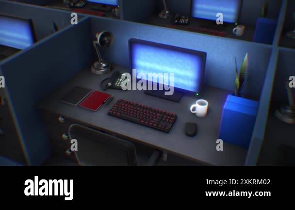 A looping sequence of endless office cubicles in a darkly lit ...