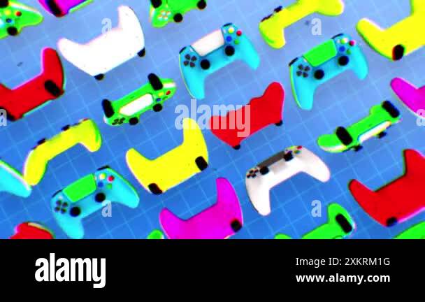 Looping sequence of a group of retro Game Controllers spinning randomly ...