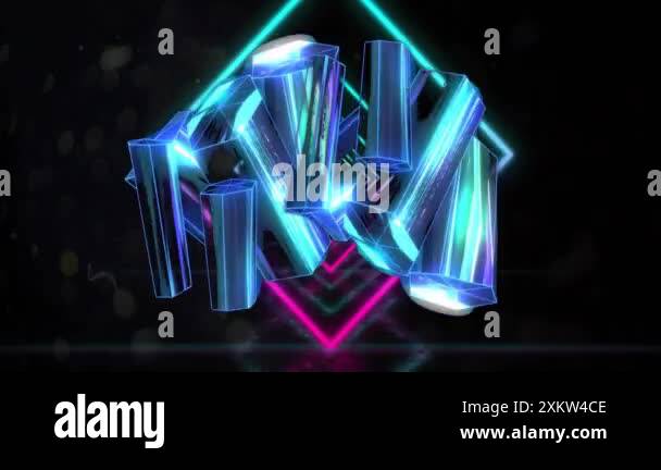 Animation of glowing blue blocks spinning over neon shapes moving on ...