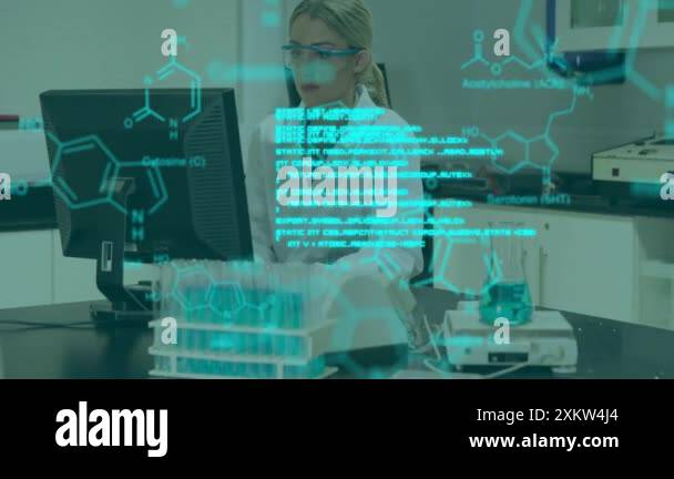 Animation of data processing and chemical formula over caucasian female scientist using computer ...