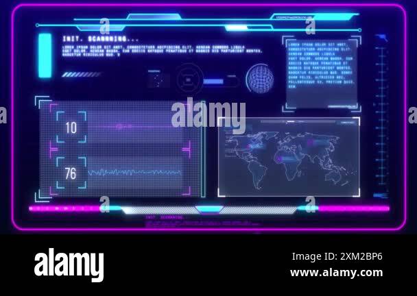 Futuristic scanning and data analysis animation over world map and graphs. technology, digital ...