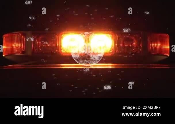 Flashing emergency vehicle lights with digital network globe animation ...