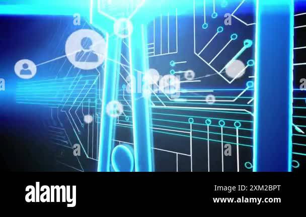 Digital connections and user icons animation over circuit board background. Technology, network ...