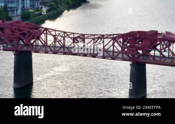 Aerial Stationary Shot: Stunning daytime view of Portlands iconic red ...