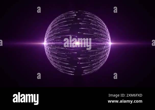 Looped background with transparent shiny sphere made of glow particle lines with orange and ...