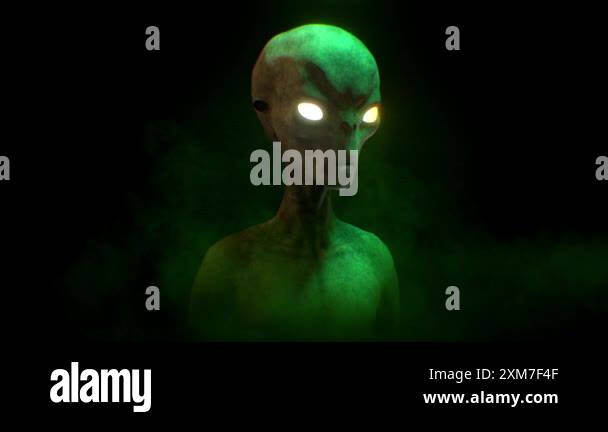 The head and shoulders of an alien being with bright glowing eyes and ...