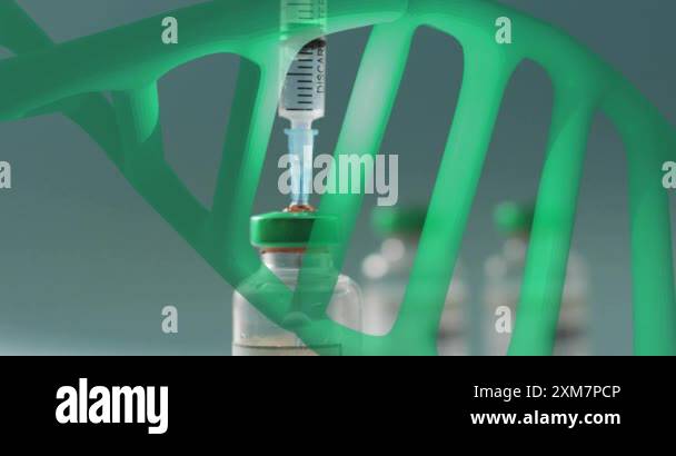 Animation of dna strand over vials and syringe on white background ...