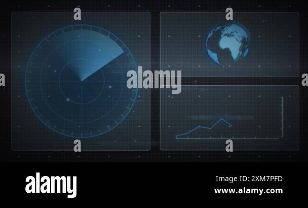 Animation of data processing with diagrams over globe and scanner ...