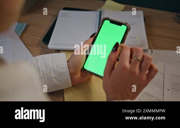 Finger tapping mockup cellphone turning on video call closeup ...