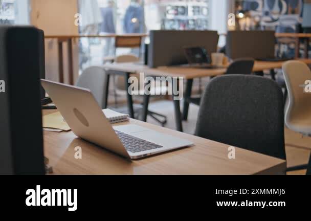 Laptop workplace without people closeup. Modern computer standing ...