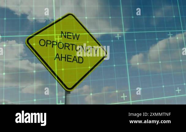 New opportunity ahead sign over digital grid animation with clouds in ...