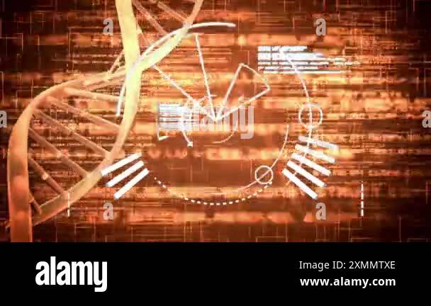 Animation of dna strand over data processing with scope scanning on black background. Global ...