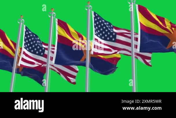 Flags of Arizona and United States waving in the wind isolated on green ...