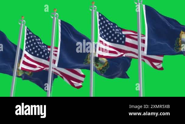 Vermont and the american flags waving in the wind isolated on green ...