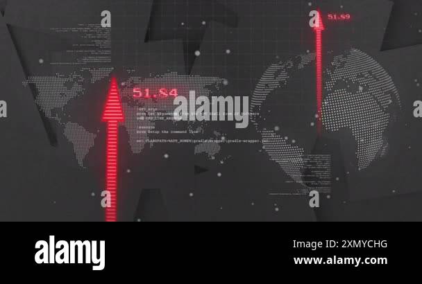Animation of data processing and diagrams over globe and world map. Technology and digital ...