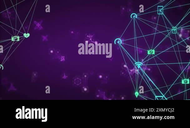 Network connections and data processing animation over purple ...