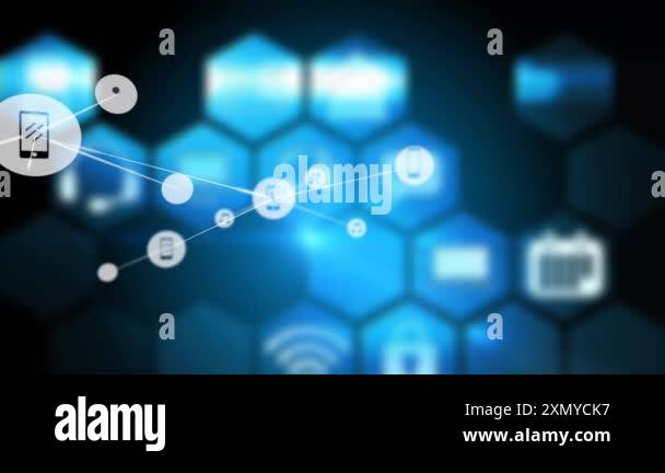 Animating Music Icons And Connected Devices Over Blue Hexagonal Background Animation