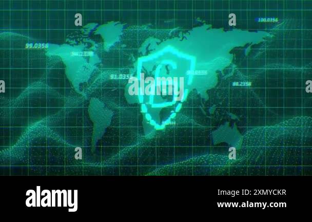 Cybersecurity shield animation over world map with data points and grid lines. protection ...