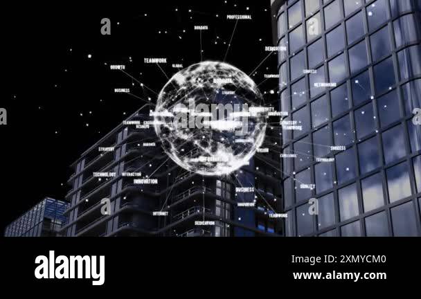 Global network and business success keywords animation over modern ...