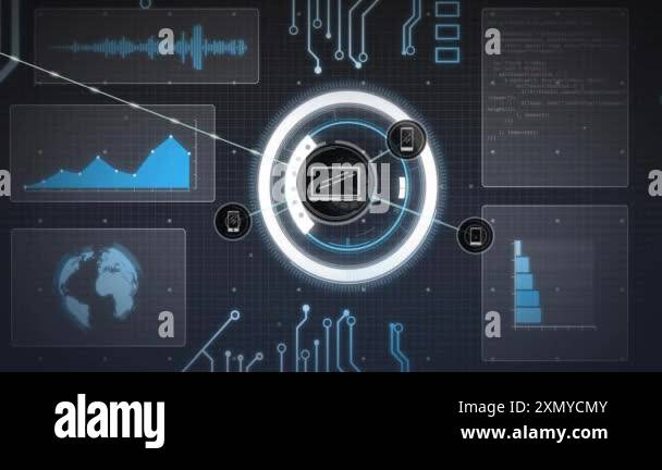 Animation of network of connections with devices icons over scope scanning on black background ...