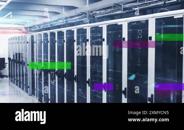 Server Racks In Data Center With Data Processing Animation Over Blue