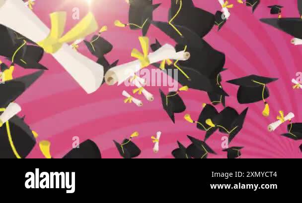 Graduation caps and diplomas floating over pink background. celebration ...