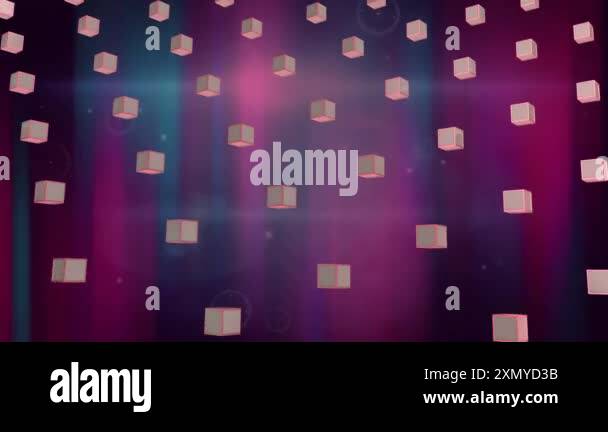 Animation of rows of 3d cubes over glowing light trails moving over ...