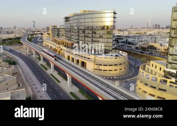 Drone view of the modern subway line in Riyadh Saudi Arabia on the ...